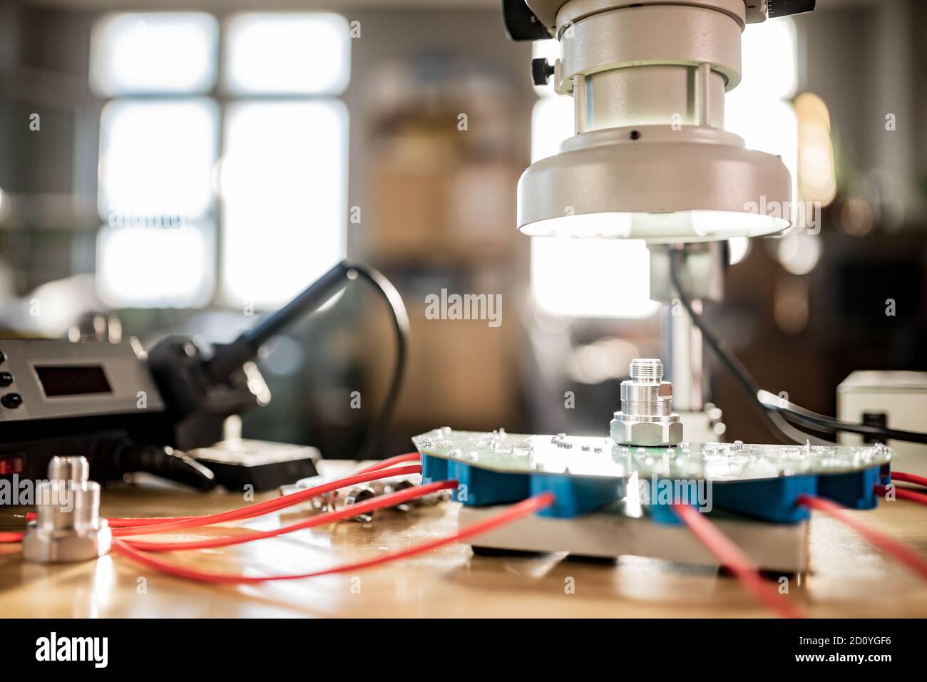 Large modern electron microscope. Microwave coaxial connector and ...
