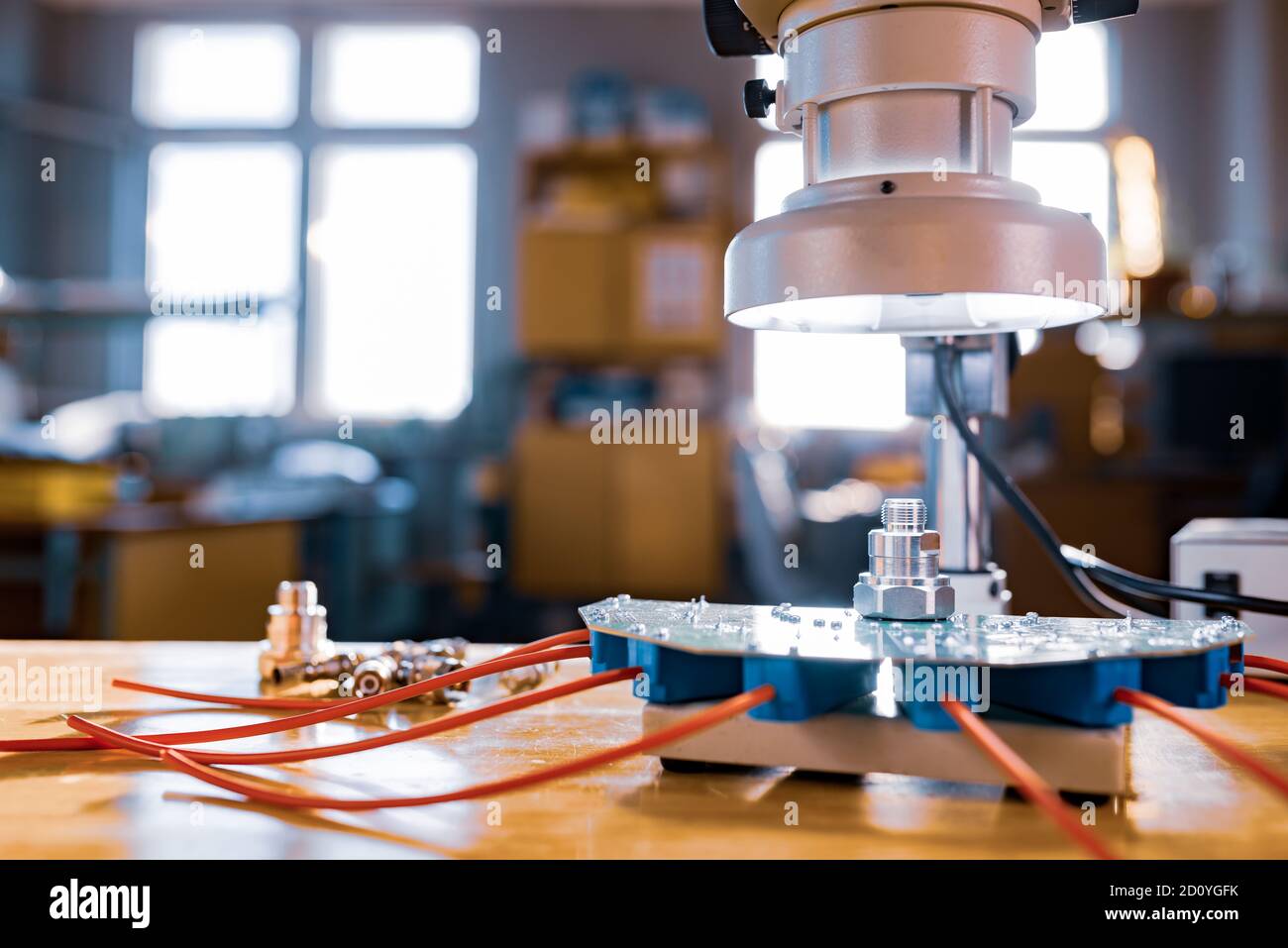 Large modern electron microscope. Microwave coaxial connector and ...
