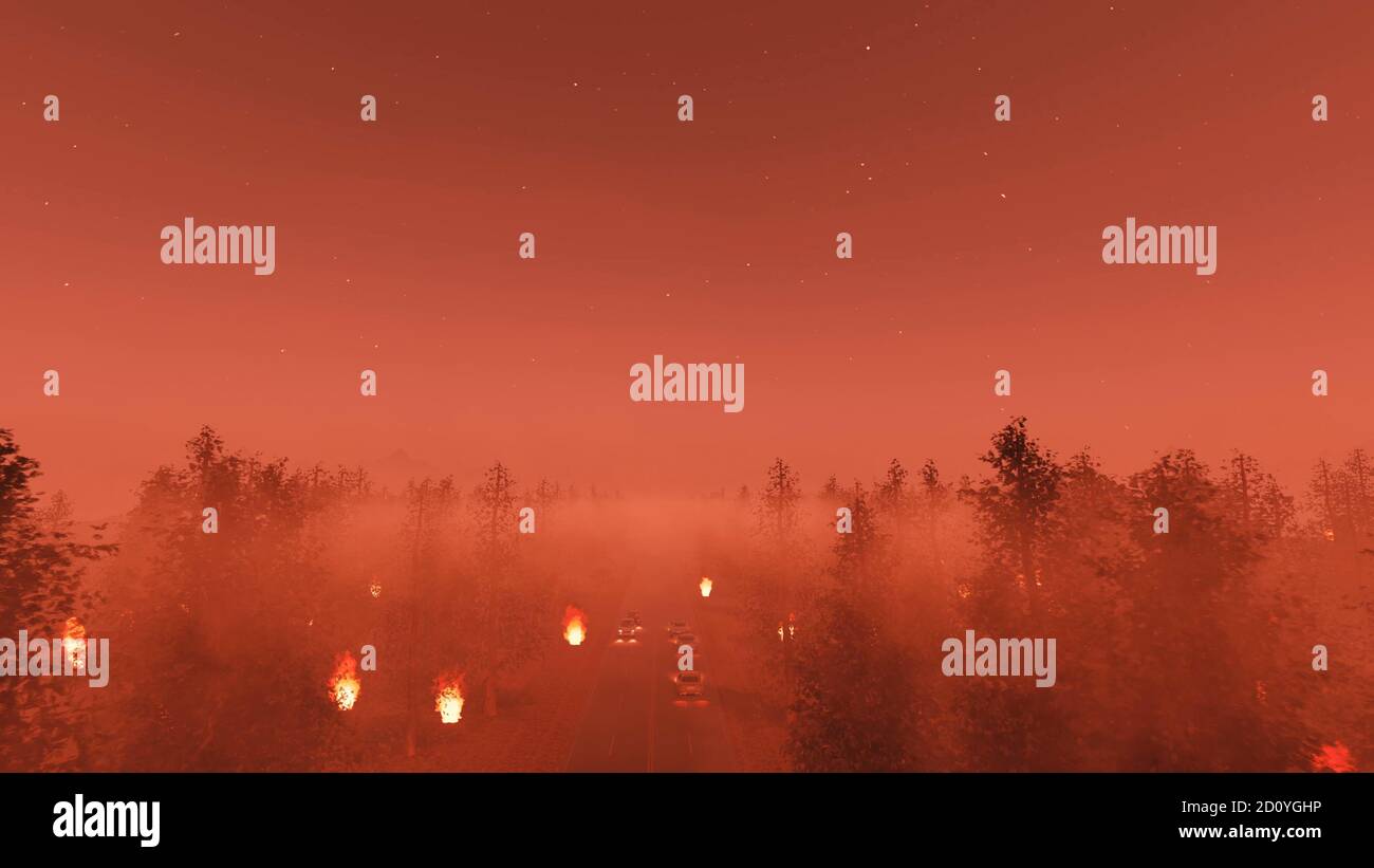 Red burning forest. Night forest. 3d rendering Stock Photo - Alamy