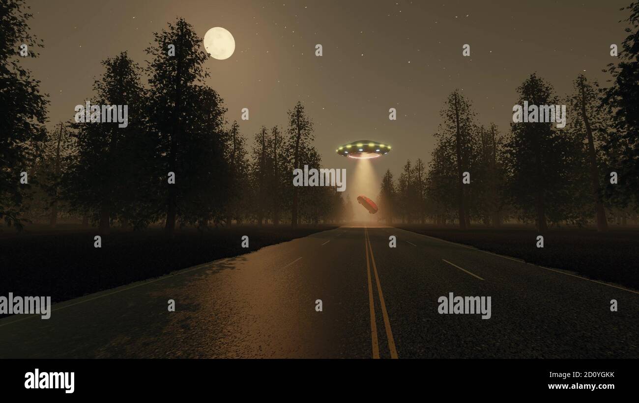 Fantasy future 3d UFO stole red car at night 3d rendering Stock Photo ...
