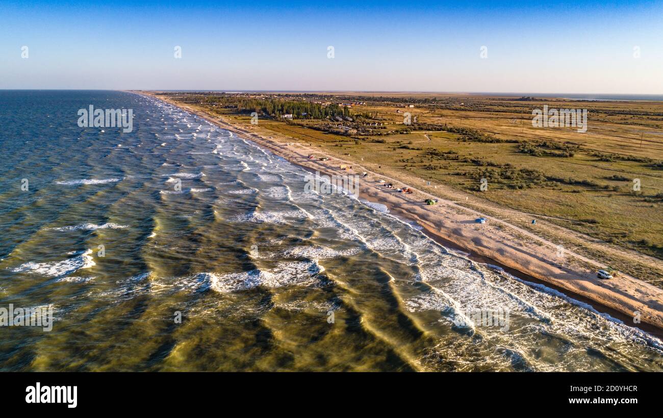 Aerial view waves on sand beach. Sea waves on the beautiful beach ...