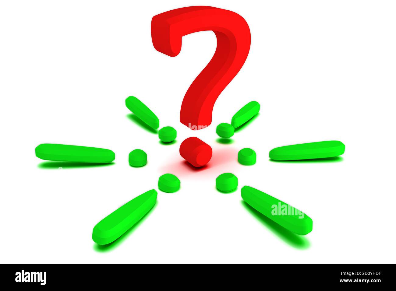 Red question mark in middle of fallen green exclamation marks lying on ...