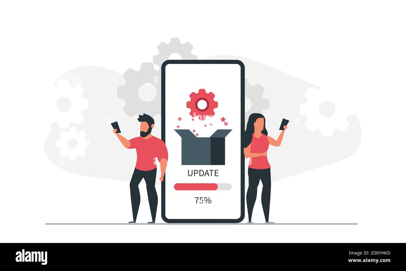 App installation and update by man and woman via phone. People and ...