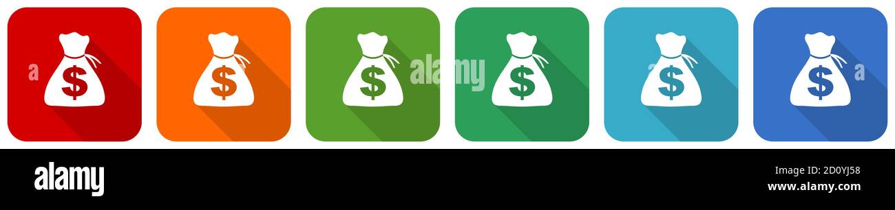 Money icon set, flat design vector illustration in 6 colors options for ...