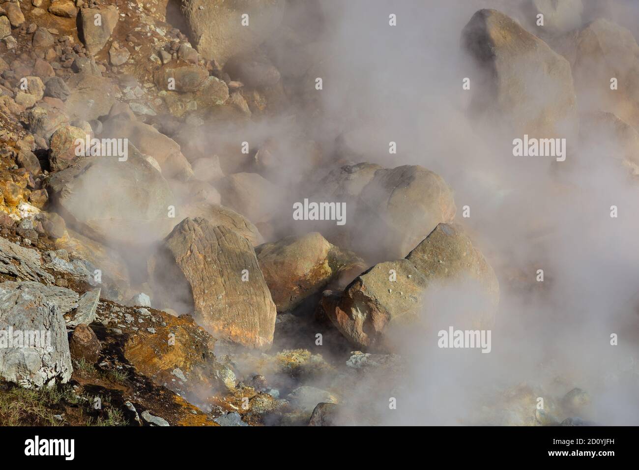 Geothermal area, hot steam, solfataras and hot grey mud cauldrons ...