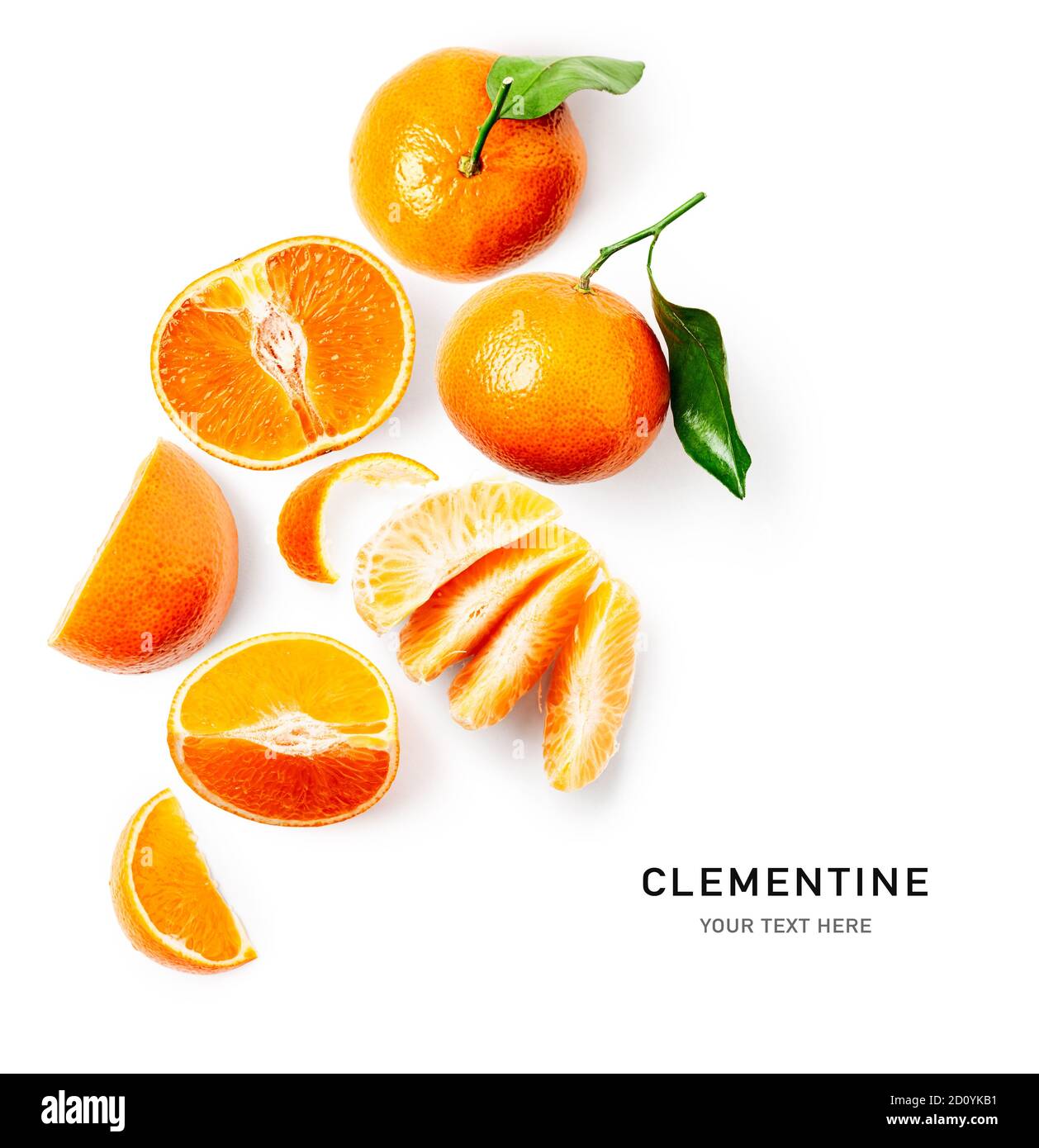 Fresh clementine fruit with leaves as creative layout isolated on white ...