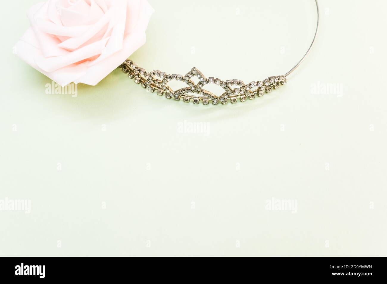 Elegant crown next to a decorative rose on pastel green background ...