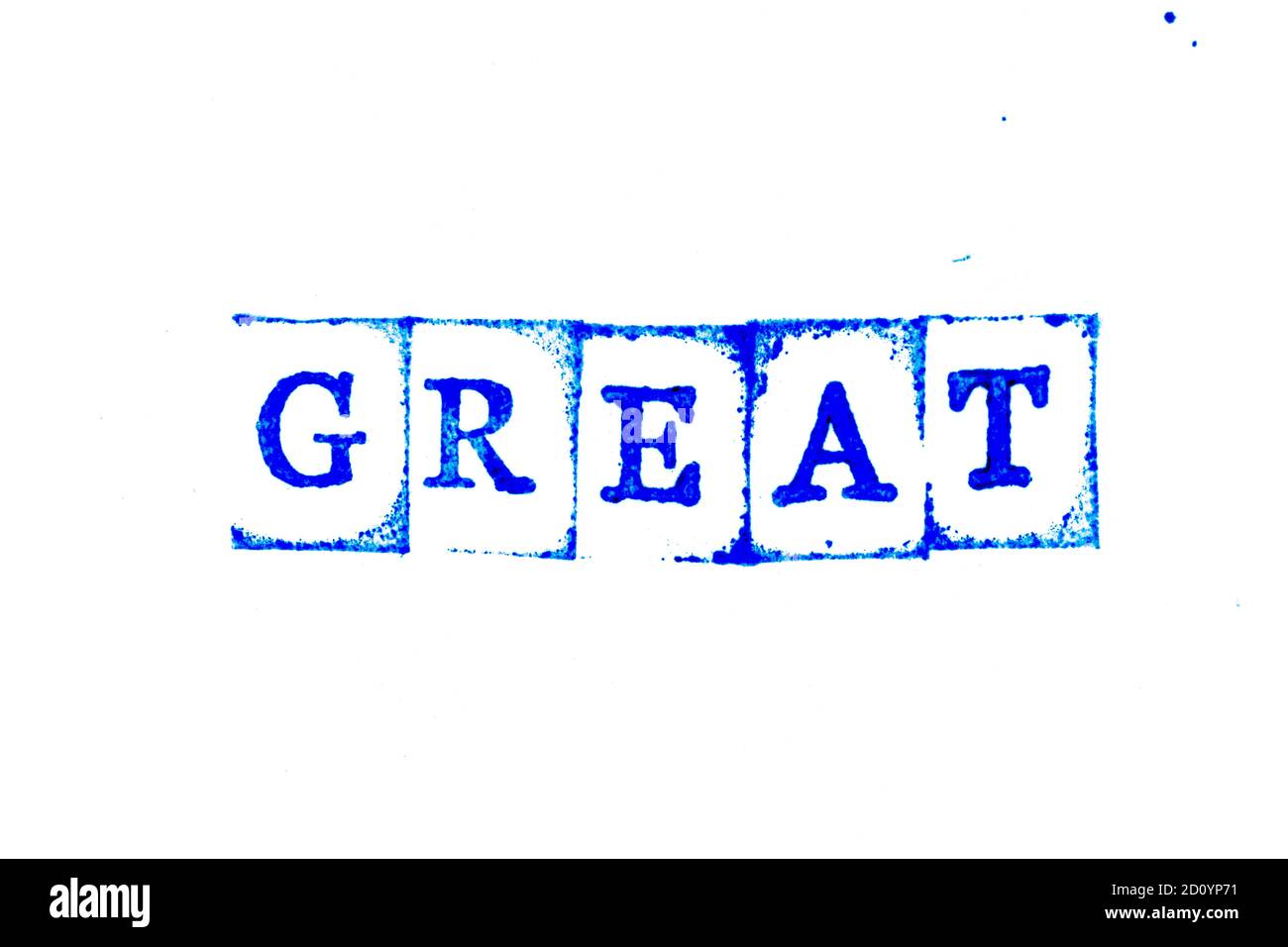 Blue color ink of rubber stamp in word great on white paper background ...