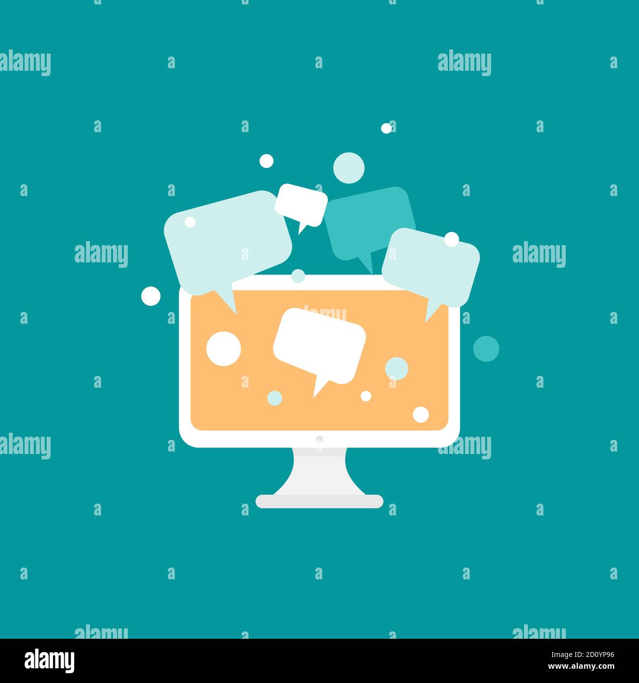 White computer monitor with speech bubbles isolated on blue. Flat ...