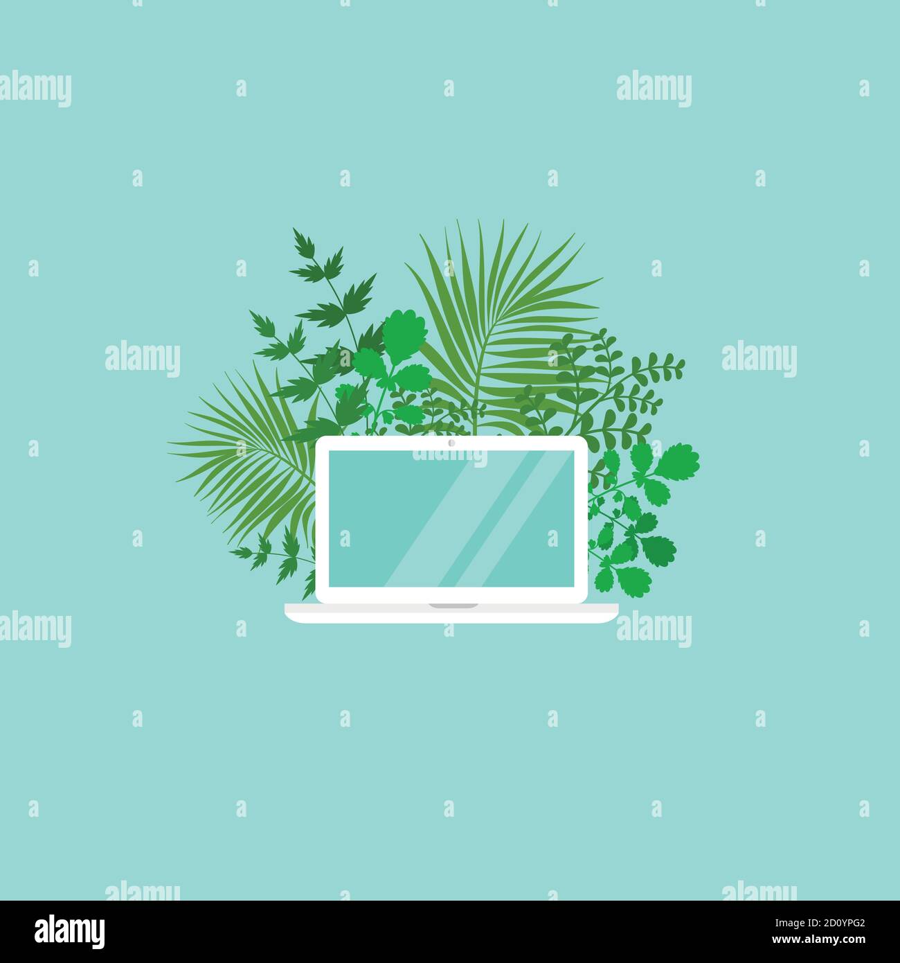 laptop with green branches and twigs. ecology use computer. notebook ...