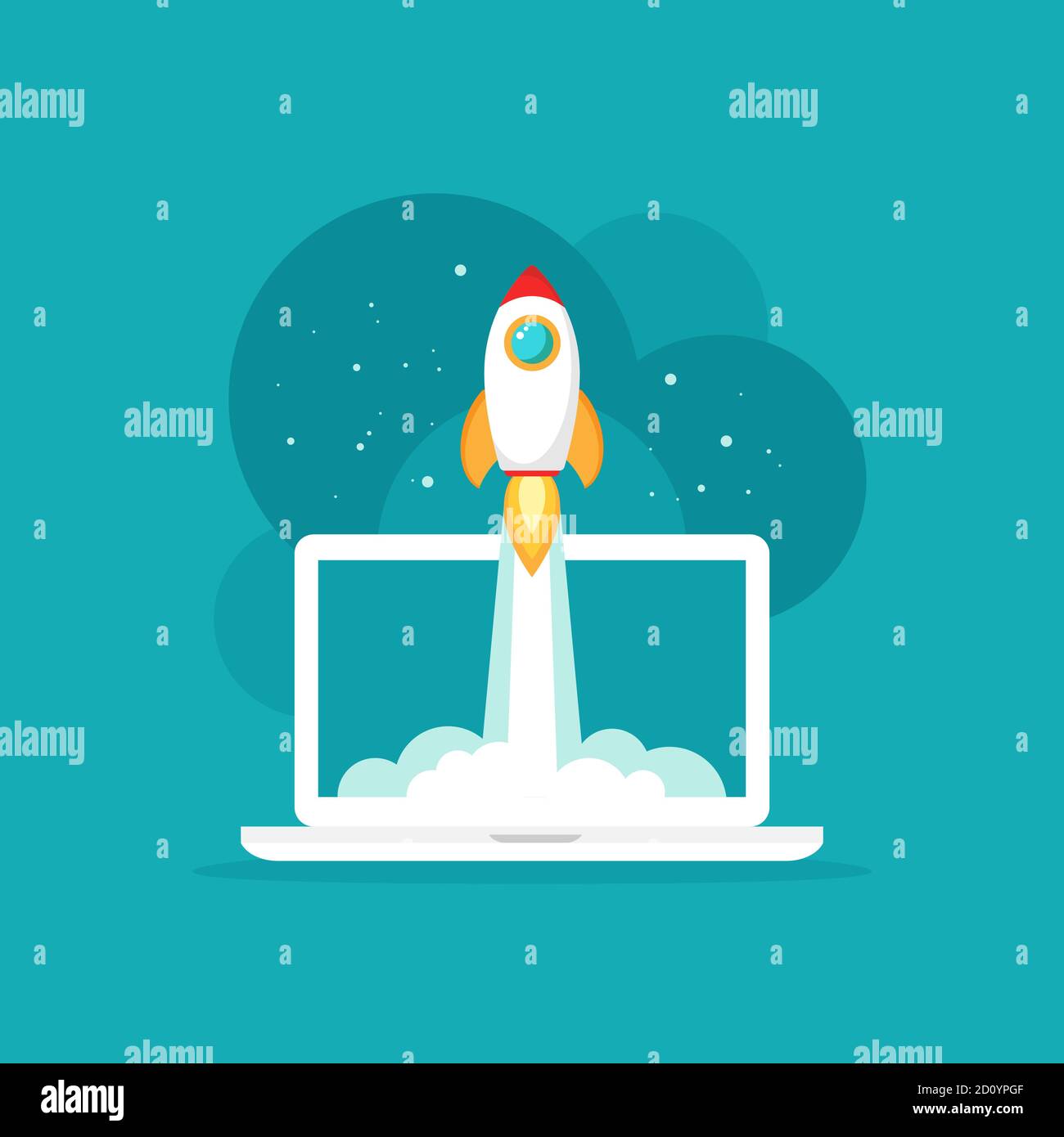 laptop screen with cosmos and rocket or shuttle. workplace on blue ...