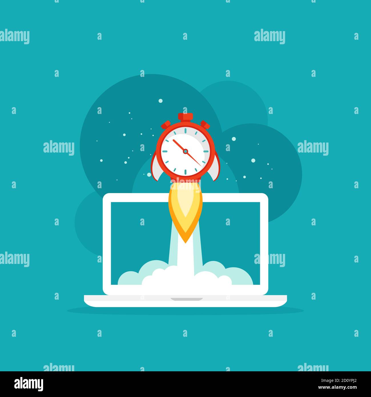 laptop screen with red stopwatch rocket ship flying out. workplace on ...