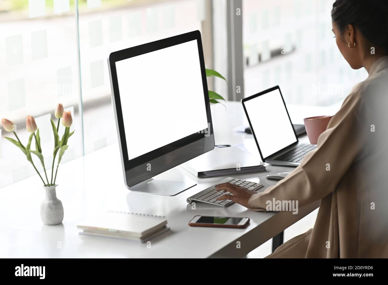 Two screen of computer with businesswoman typing her computer keyboard ...