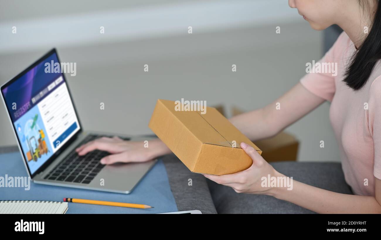 young business owner using a computer sitting at home, Sme concept ...