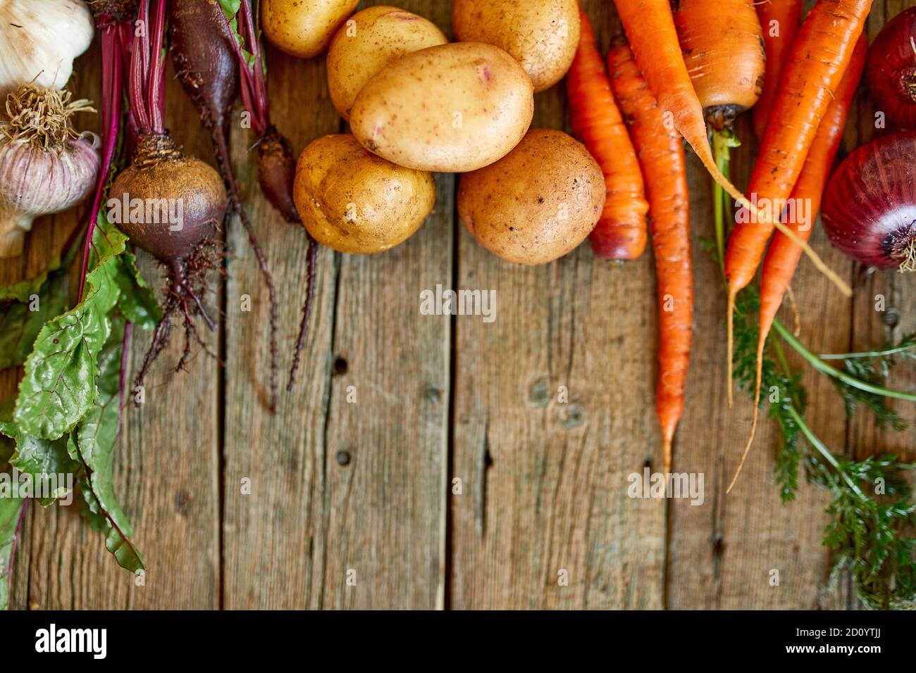 Flat lay of assortment of fresh root vegetables, bio healthy, organic ...