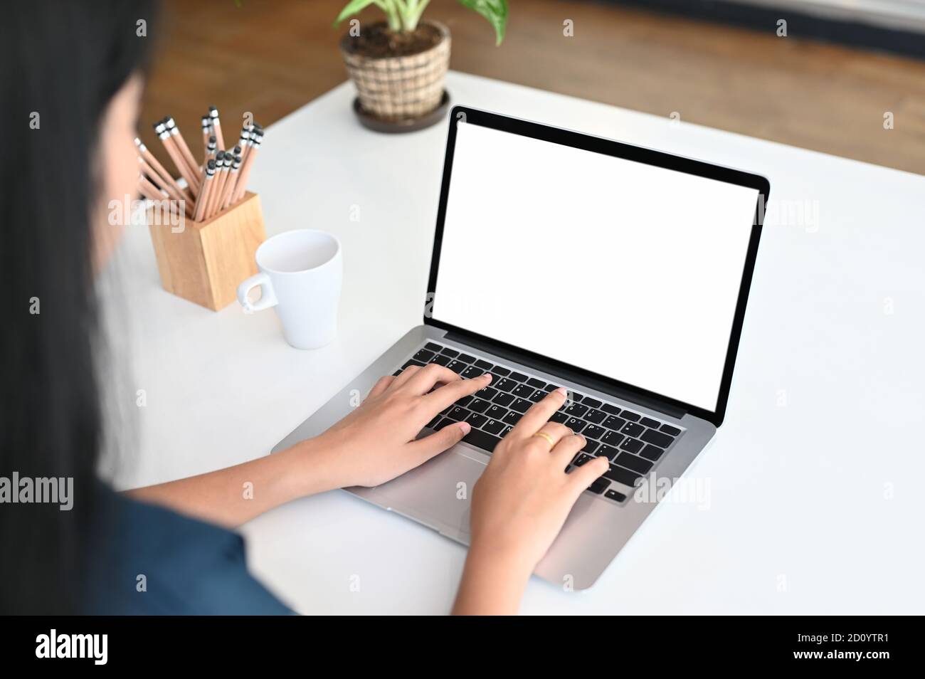 Young businesswoman typing on laptop at modern office.Template for your ...