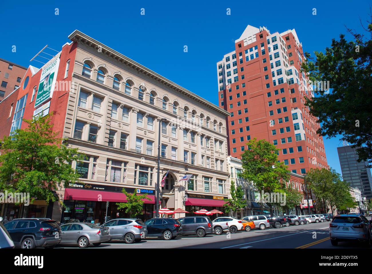 Historic The Beacon building on Elm Street and City Hall Plaza building ...