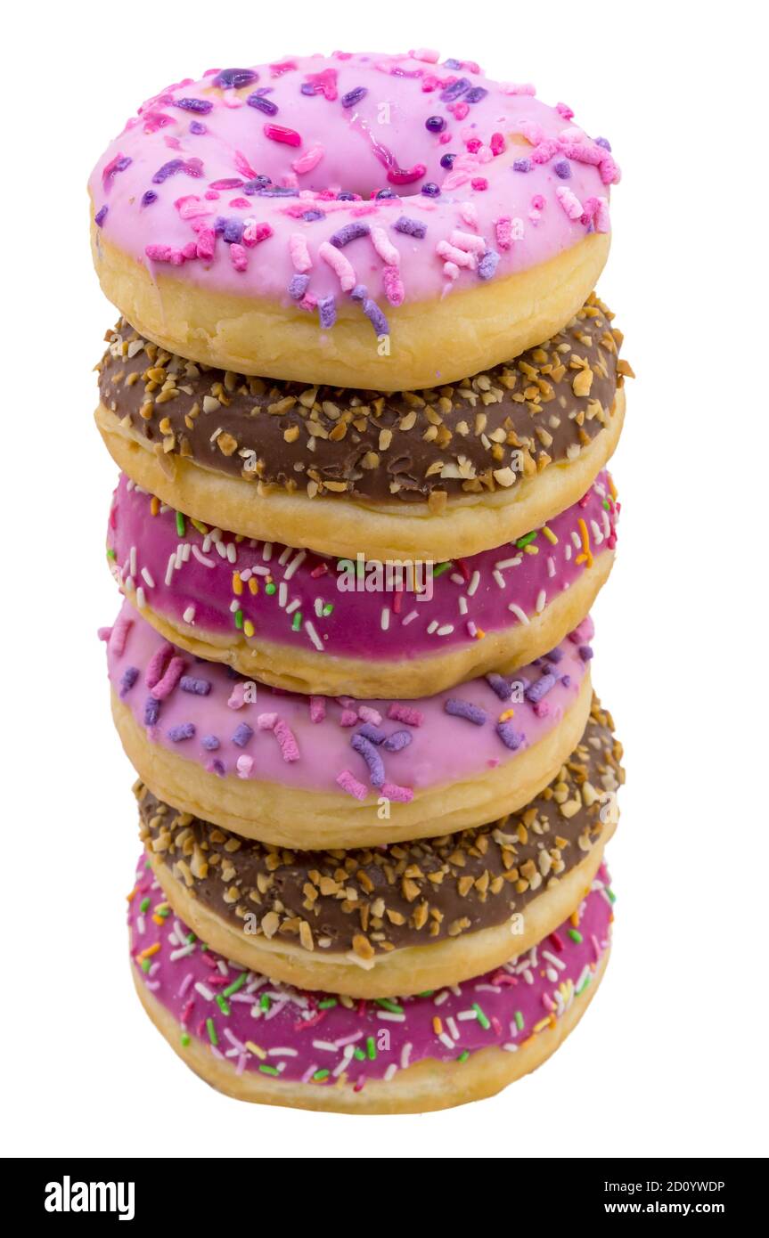 chocolate and berry doughnut, walnut donut on a white background, pink ...