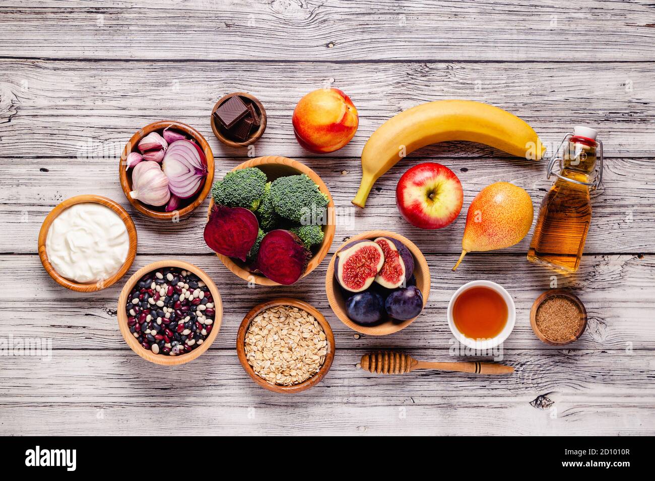 Products for healthy bowel. Natural food for gut. Top view Stock Photo ...
