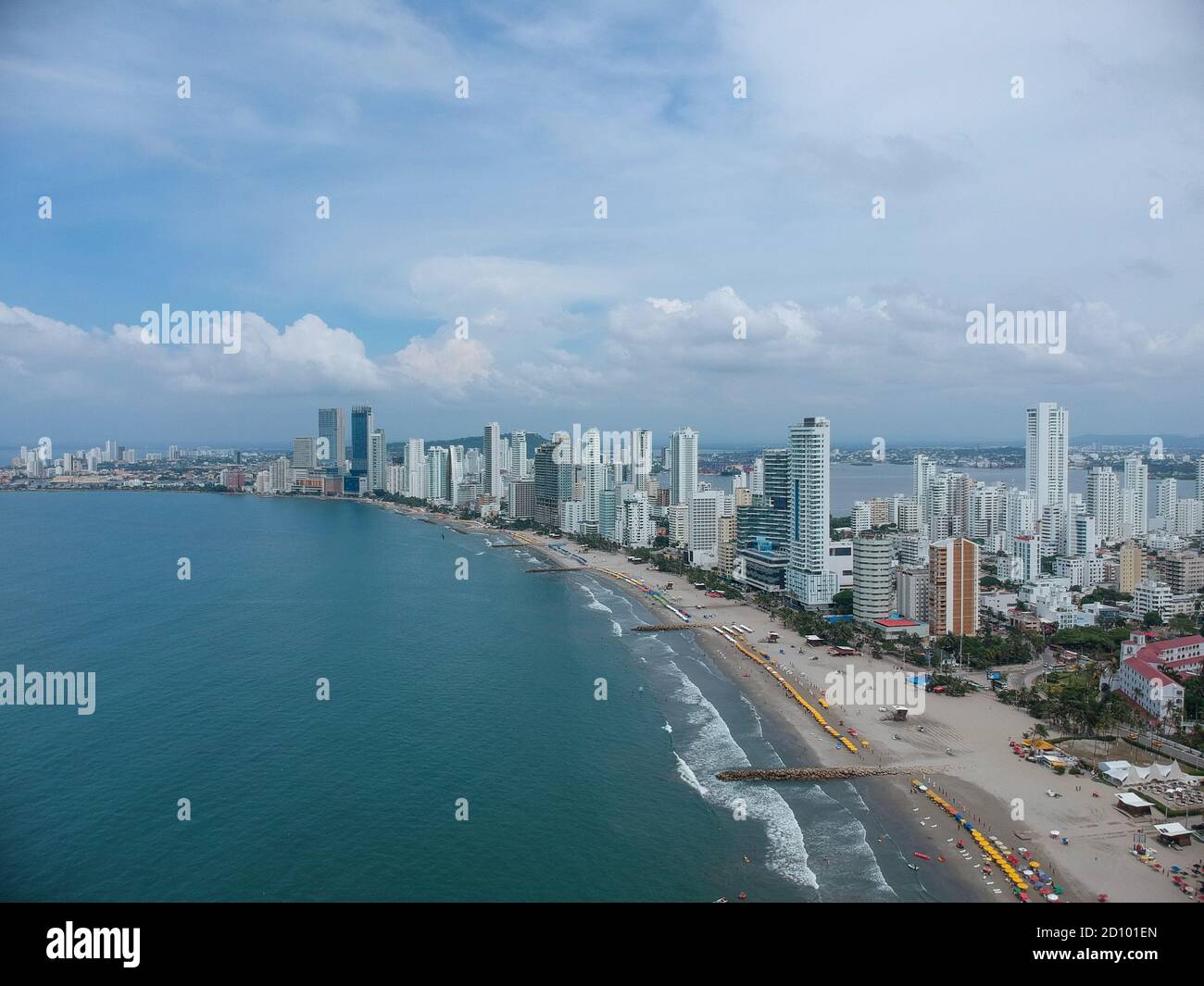 Drone shot, aerial view of Playa Bocagrande, Cartagena de Indias ...