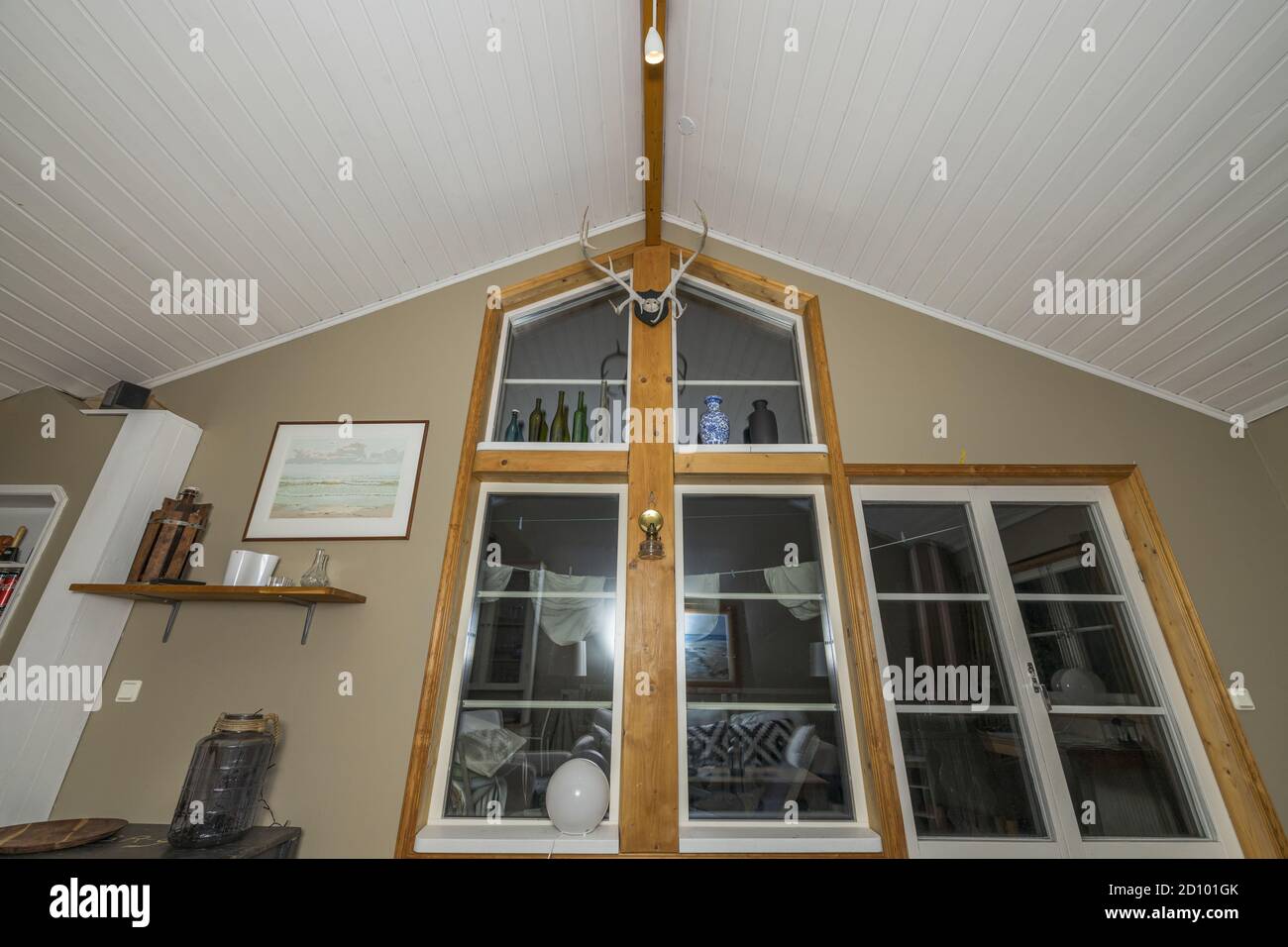 Close up view of big window of private house from inside. Interior ...