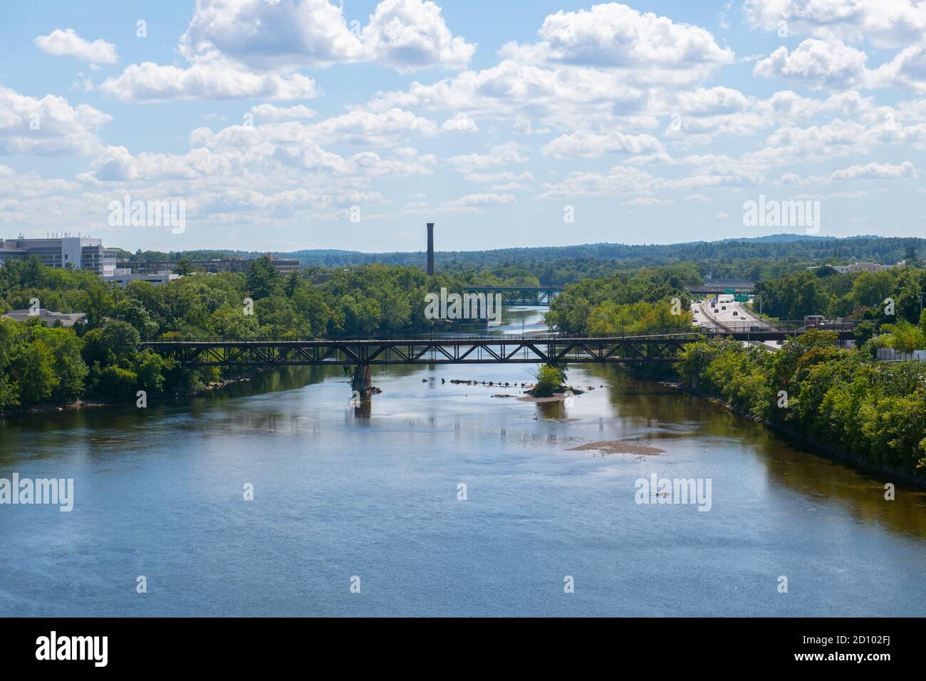 Aerial view of Merrimack River and Historic mill buildings near ...