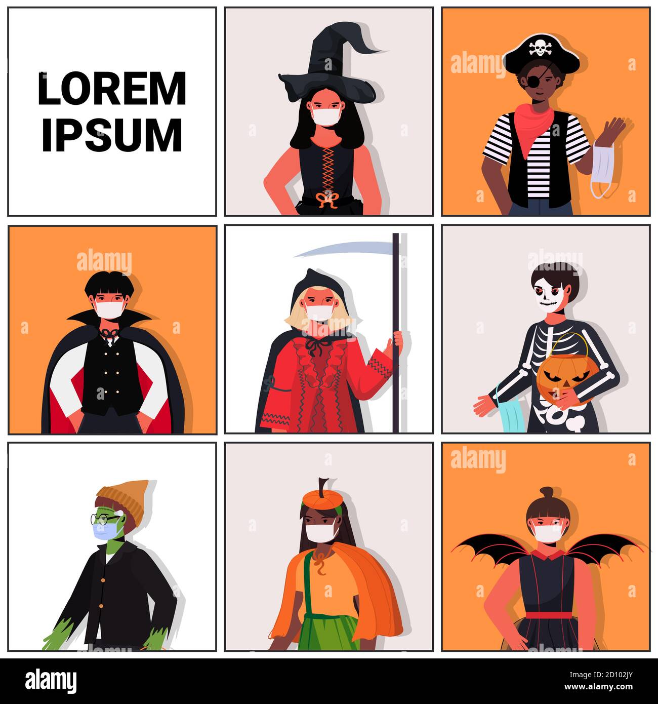 set people in masks wearing different costumes happy halloween party ...