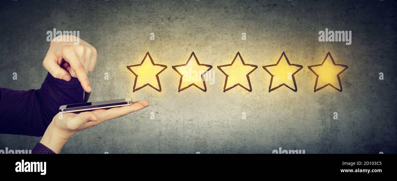 Excellent customer service concept. Man giving five star rating in ...