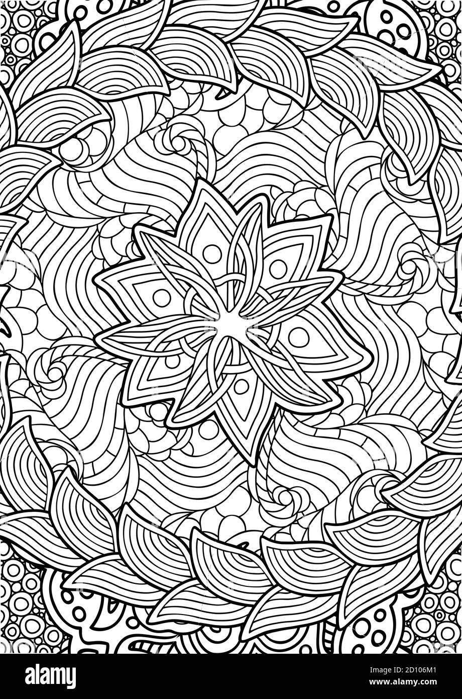 Vertical coloring book with stylized monochrome flower on beautiful ...