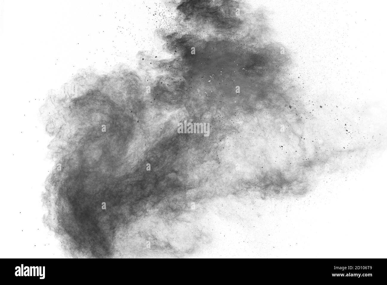 Black particles splatter on white background. Black powder dust ...