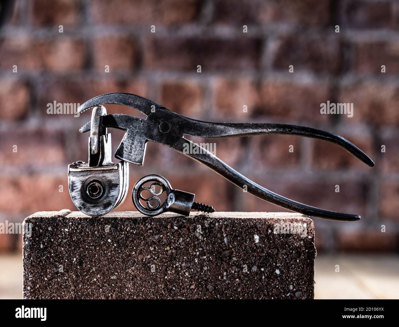 Vintage Barrel Padlock with screw key and vintage cobblers pliers ...