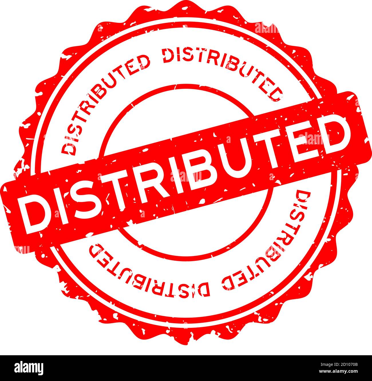 Grunge red distributed word round rubber seal stamp on white background ...