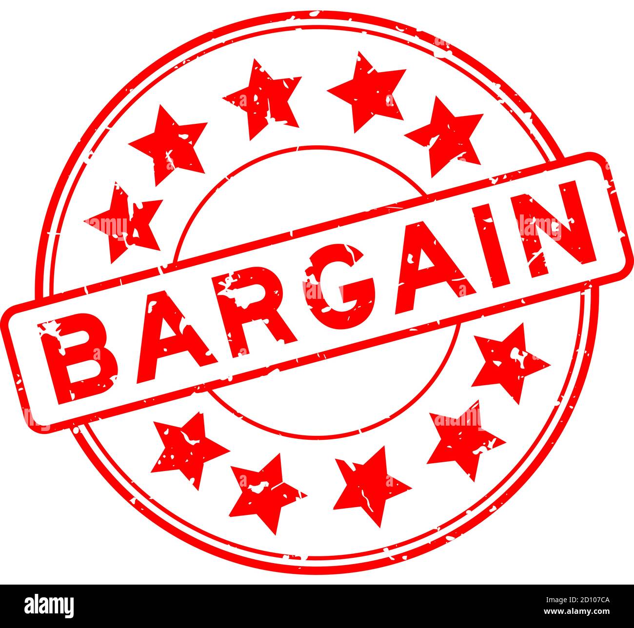 Grunge red bargain word with star icon round rubber seal stamp on white ...