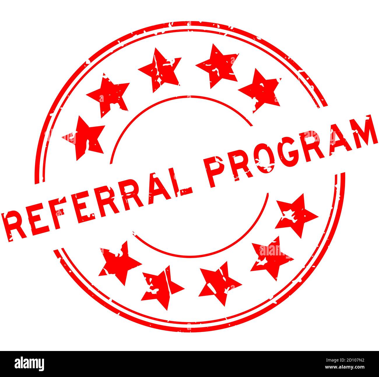 Grunge red referral program word with star icon round rubber seal stamp ...