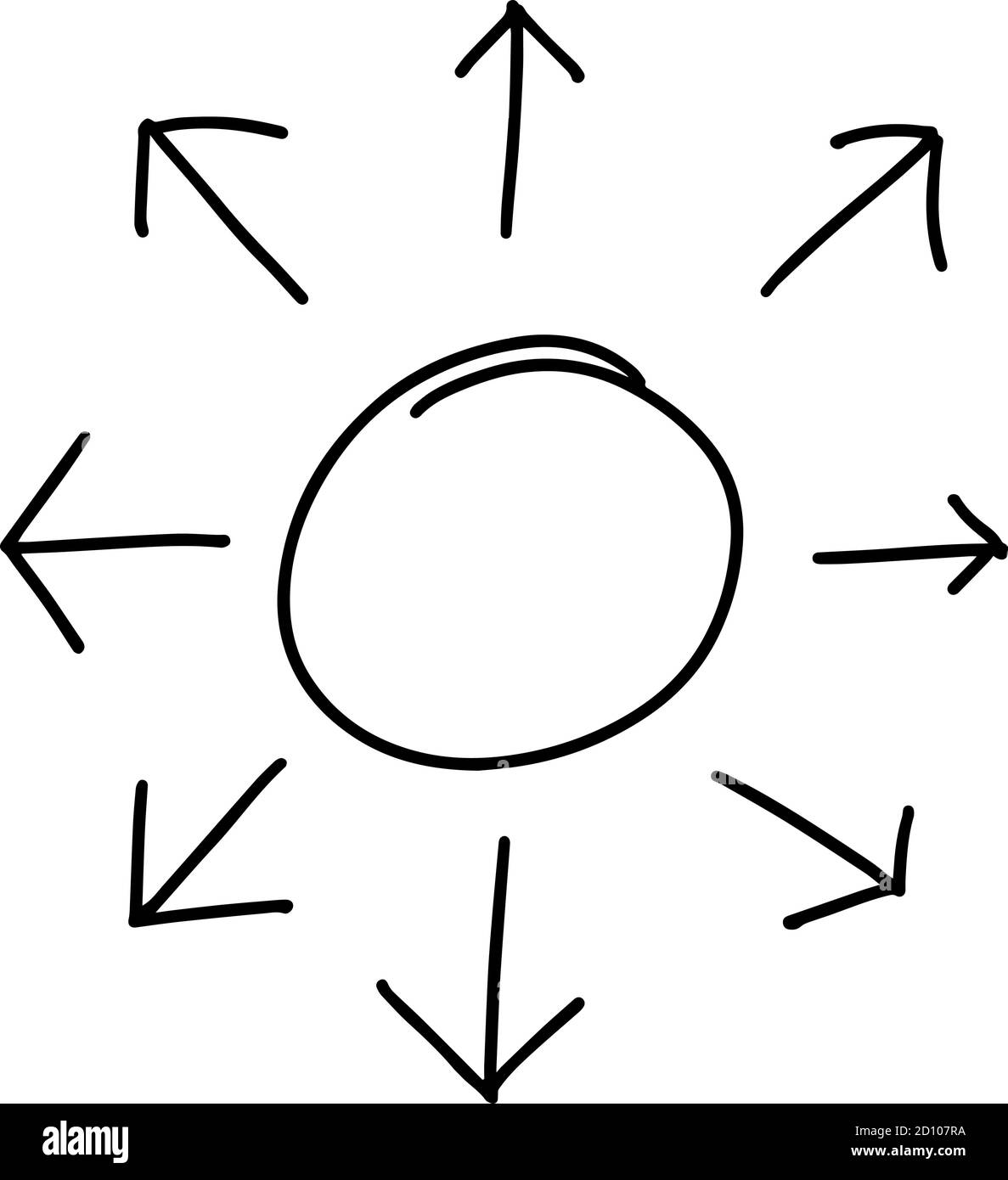 Black doodle handdrawing in arrow spread forward from circle shape on ...