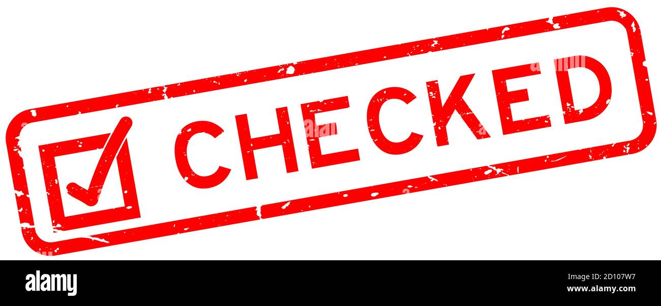 Grunge red checked word with check mark icon square rubber seal stamp ...