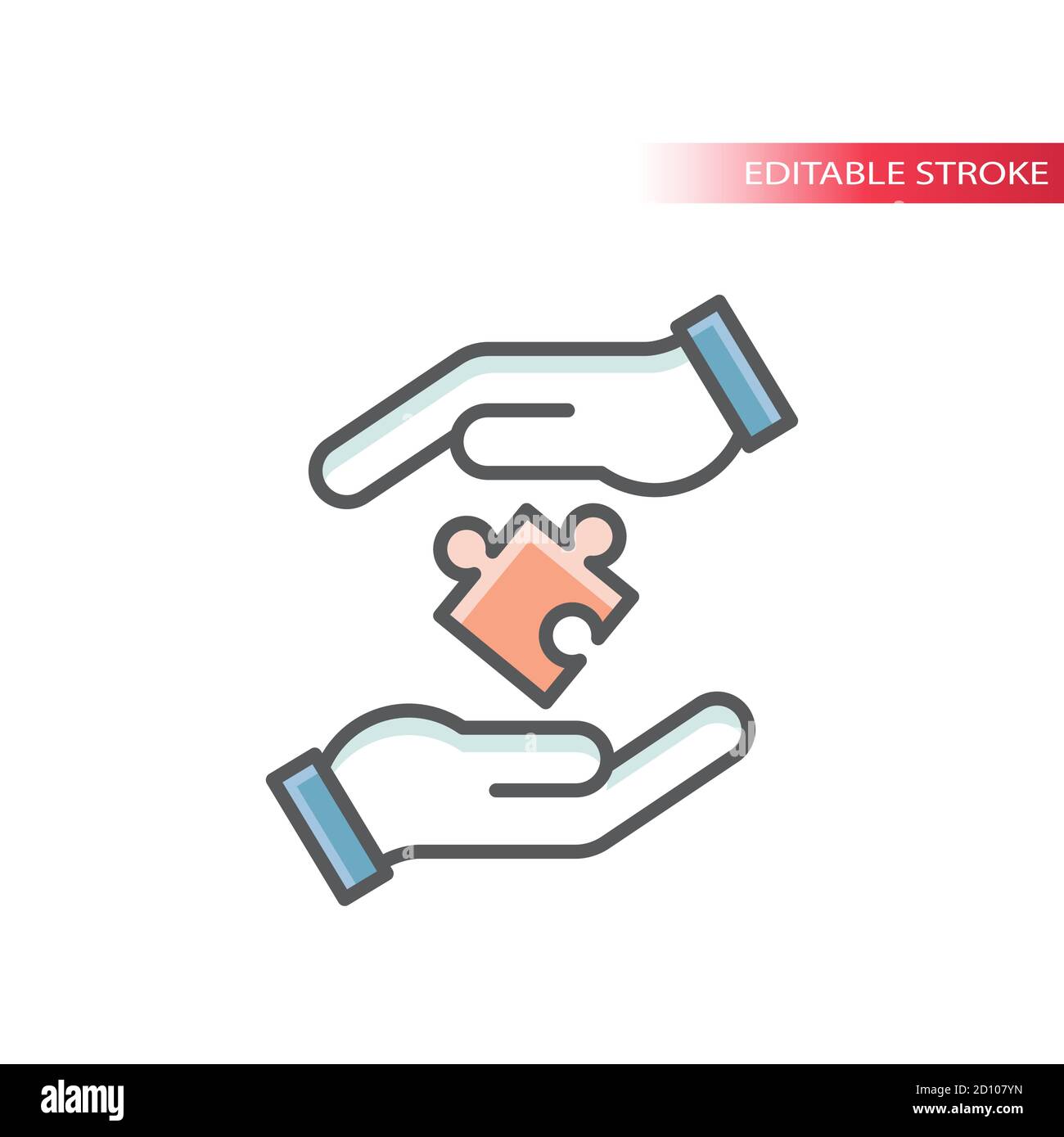 Hands and puzzle piece line vector icon. Business strategy and solution ...