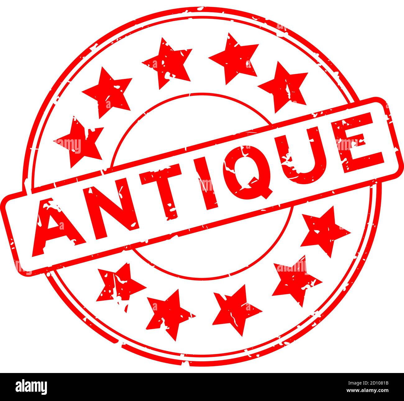 Grunge red antique word with star icon round rubber seal stamp on white ...