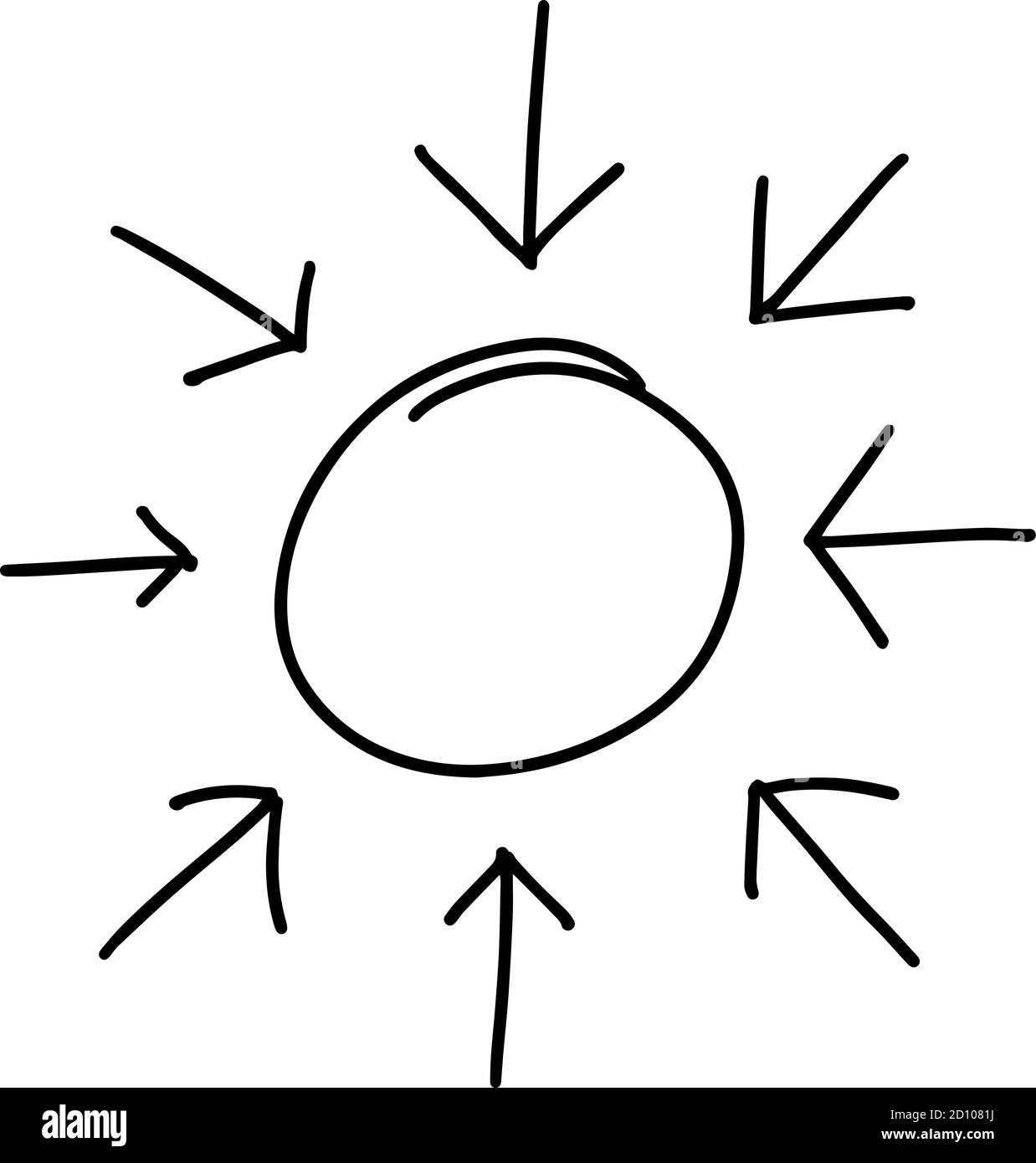 Black doodle handdrawing in arrow concentrate to circle shape on white ...