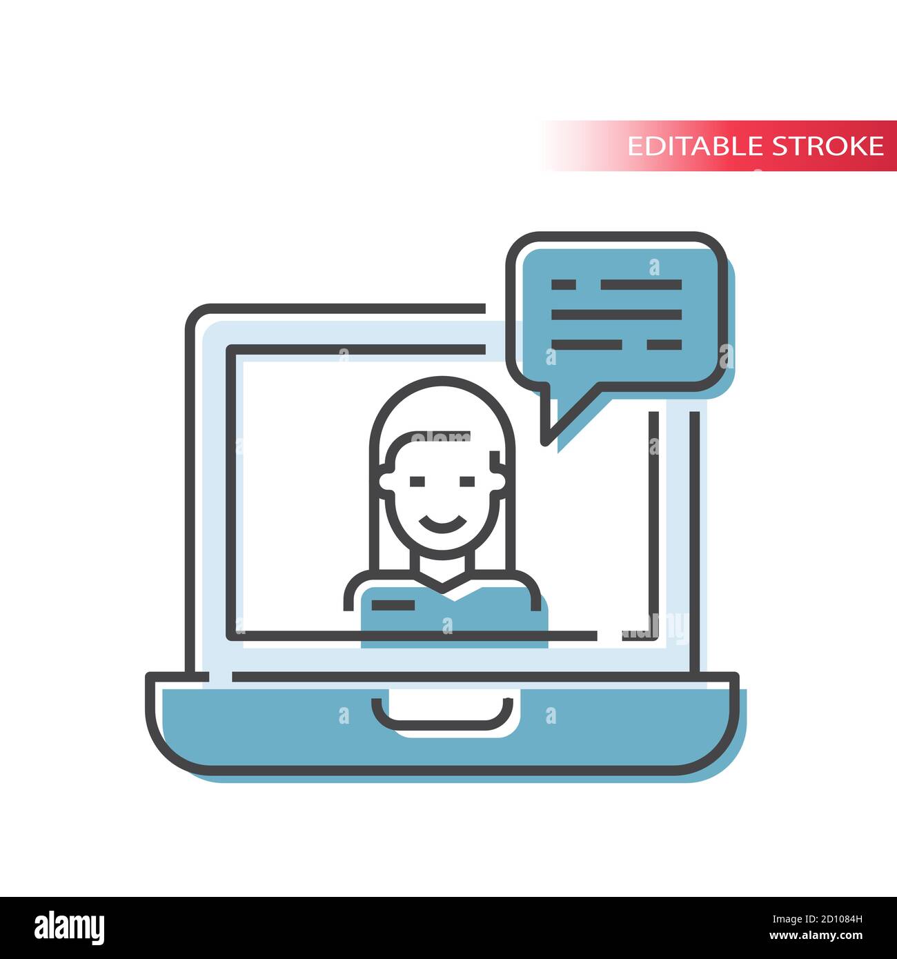 Laptop, woman and chat bubble line vector icon. Customer support or ...