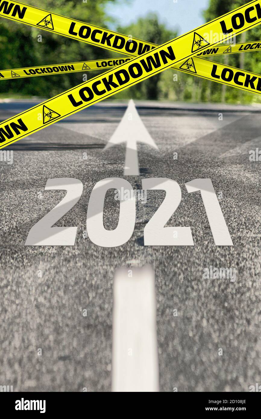 Quarantine of 2021 is ahead. Asphalt road with road markings, yellow ...