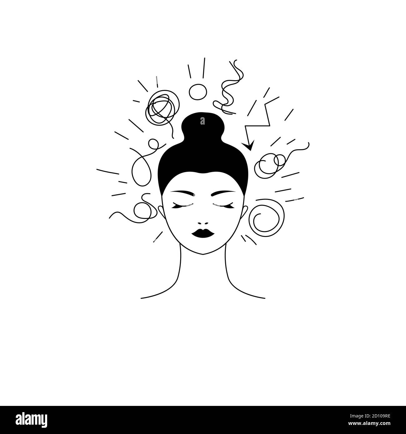 Woman with bad thoughts and problems. Line illustration of anxiety ...