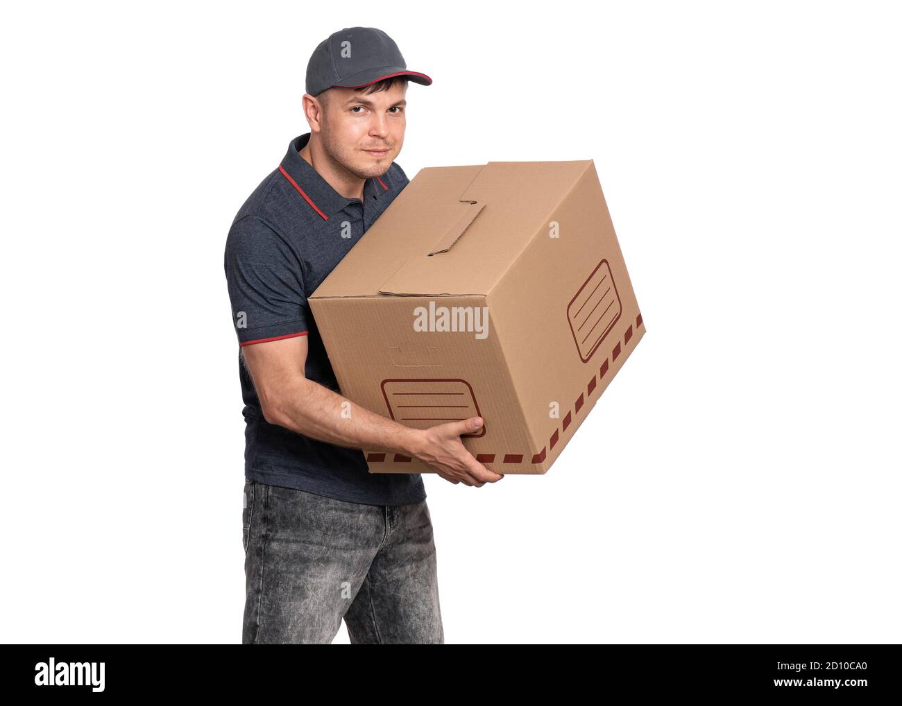 Delivery man in cap on white Stock Photo - Alamy
