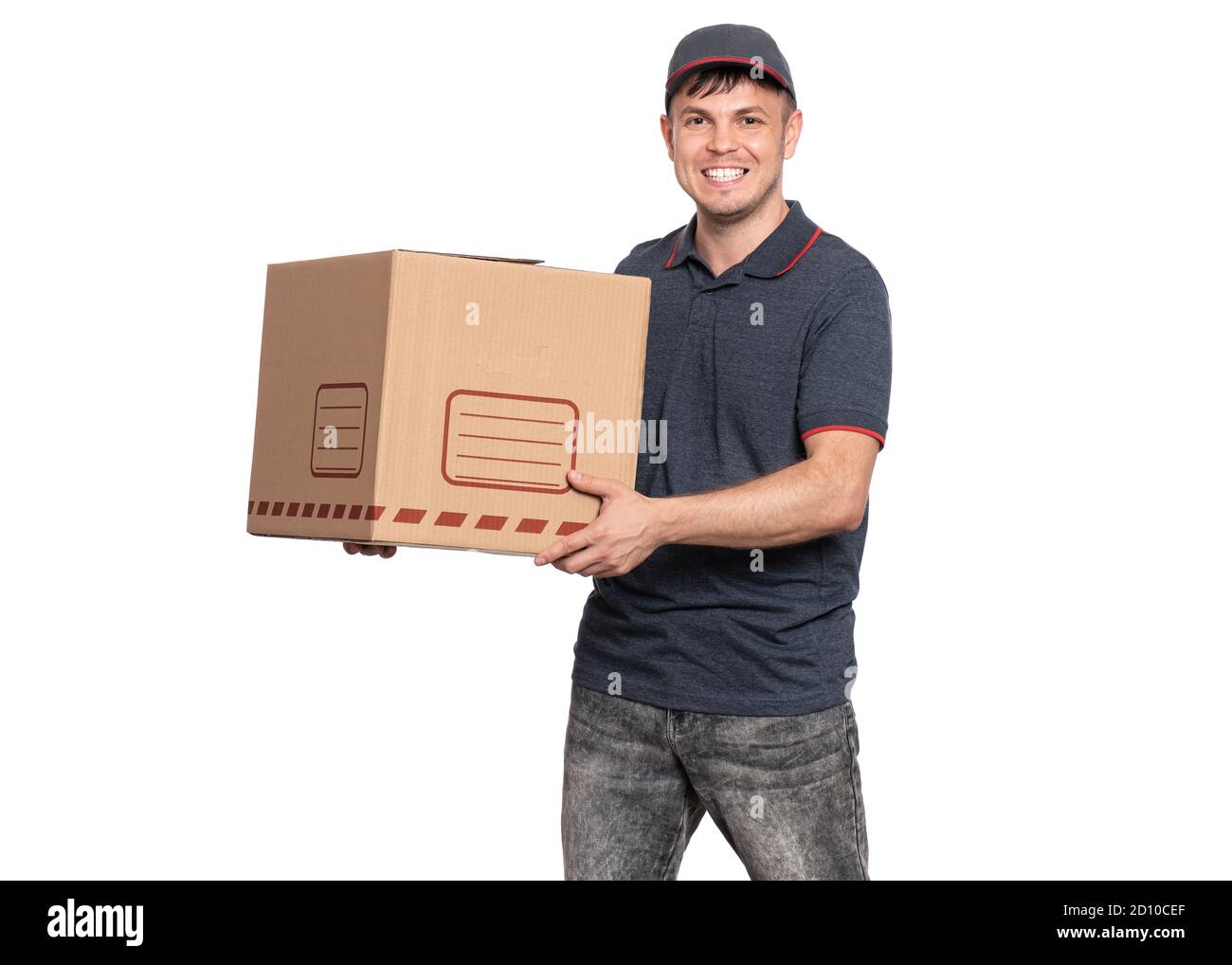 Delivery man in cap on white Stock Photo - Alamy