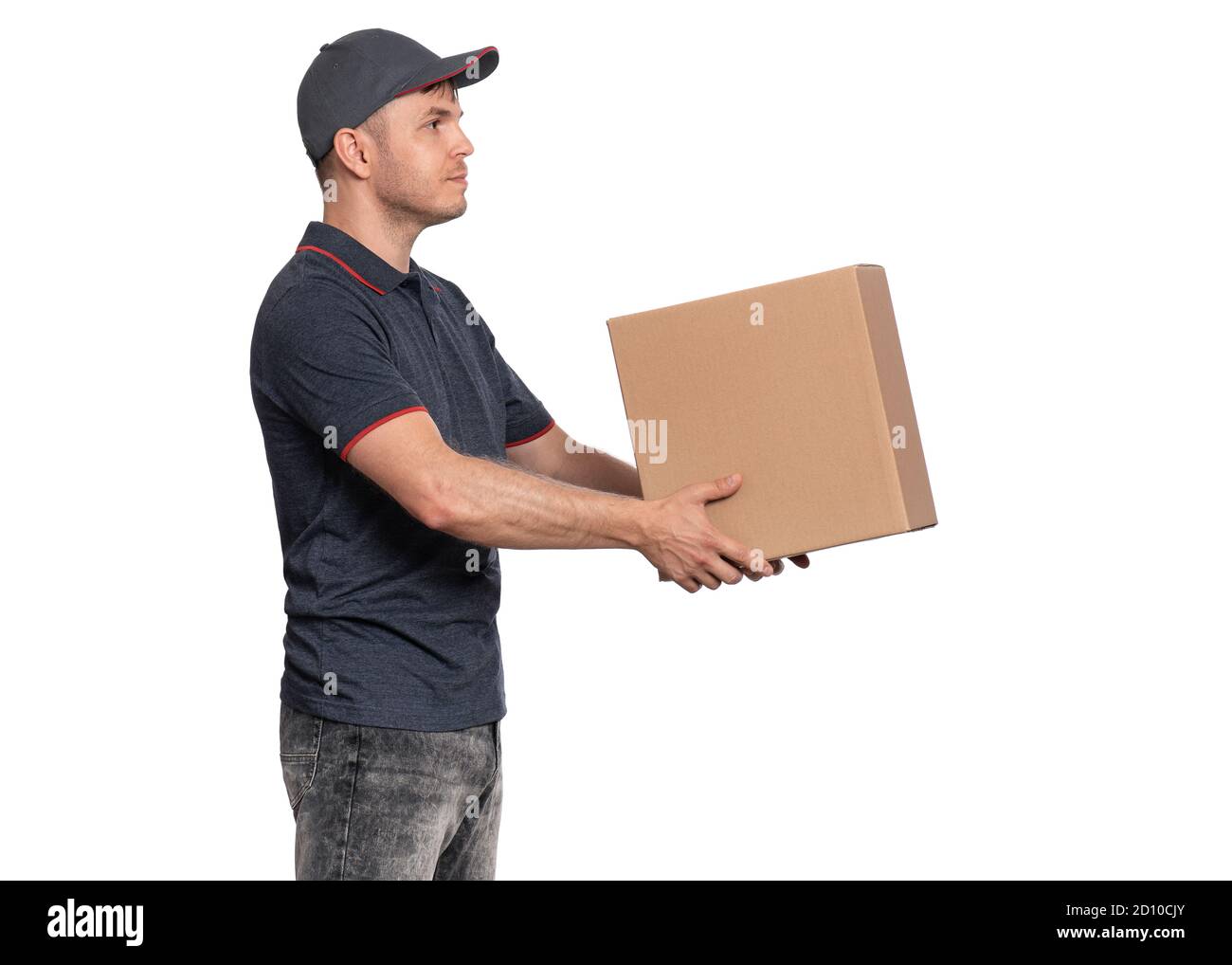 Delivery man in cap on white Stock Photo - Alamy