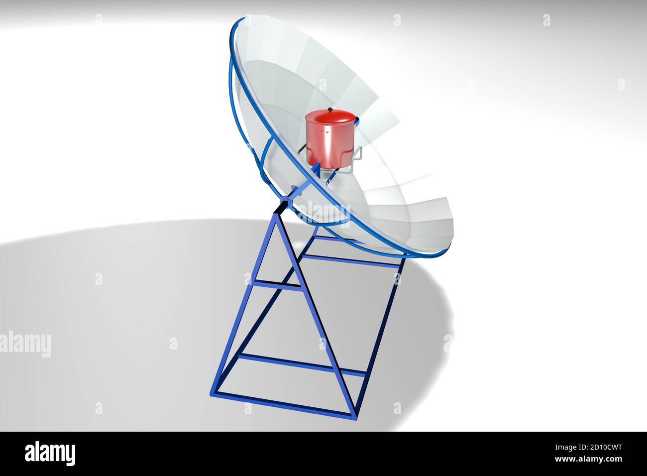 Parabolic solar cooker model with blue structure with a red pot on a ...