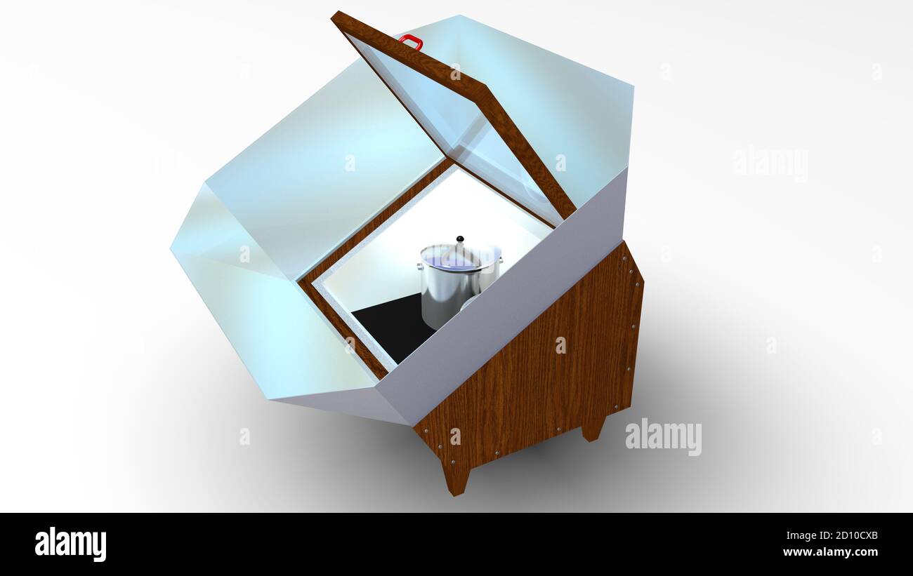 Box solar cooker with open glass lid and metal reflectors with two pots ...