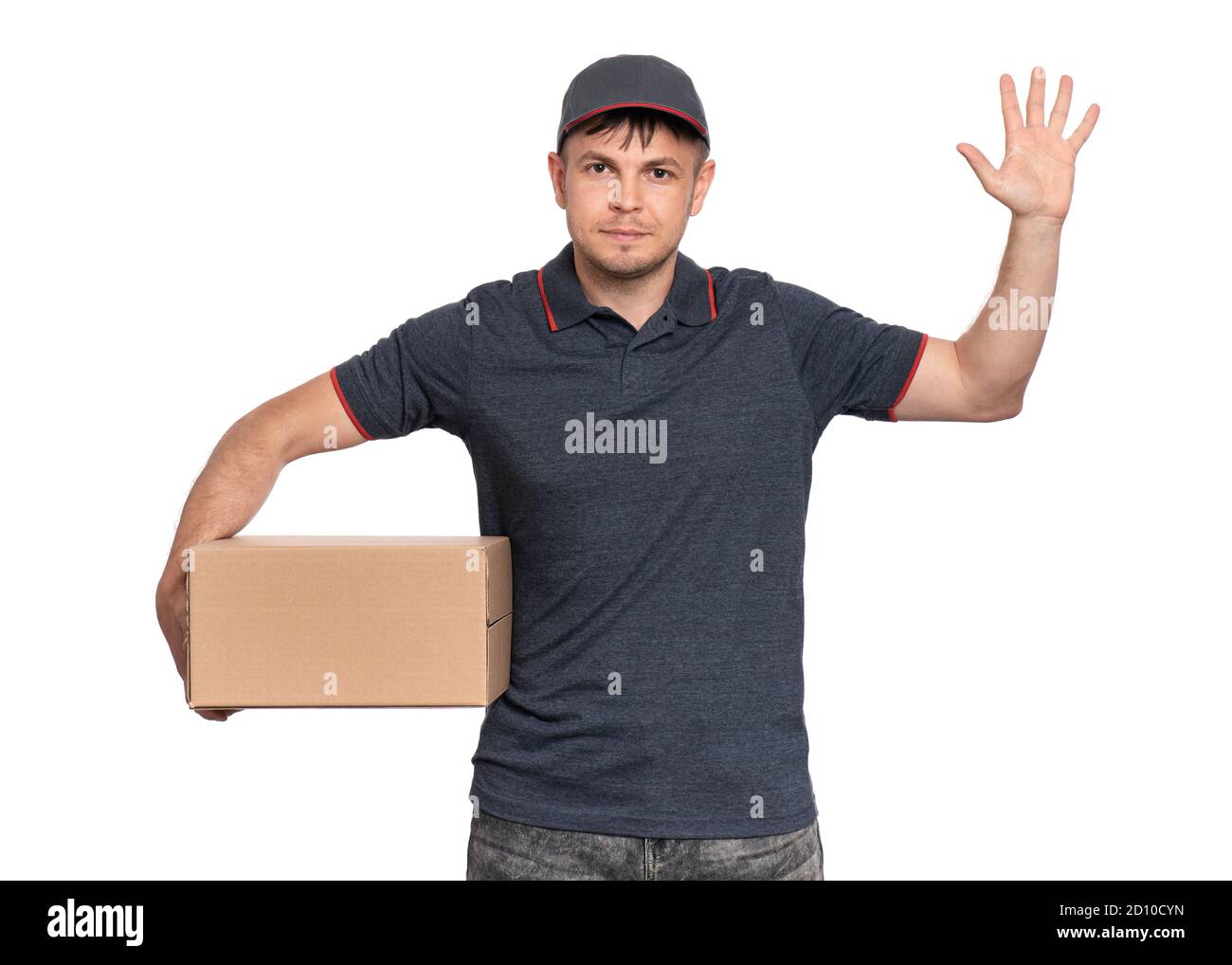 Delivery man in cap on white Stock Photo - Alamy