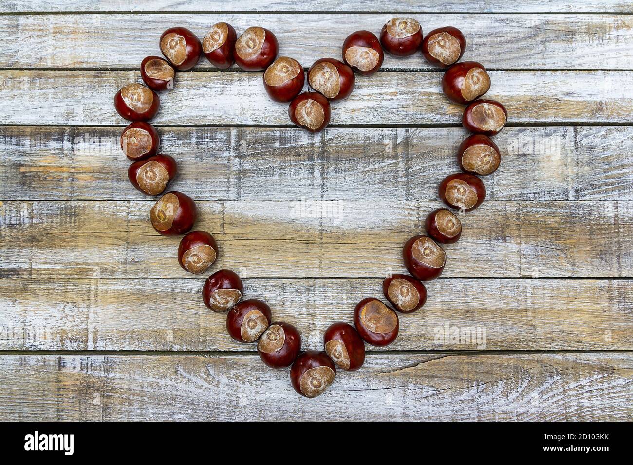 Flat lay chestnut and acorn heart shape on wooden desk. Autumn, wedding ...