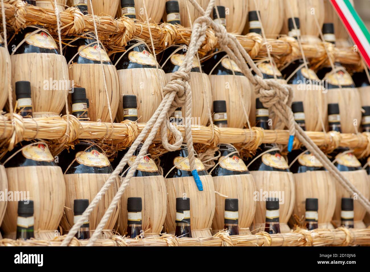 Florence, Italy - 2020, September 26: Rufina Chianti wine flasks ...
